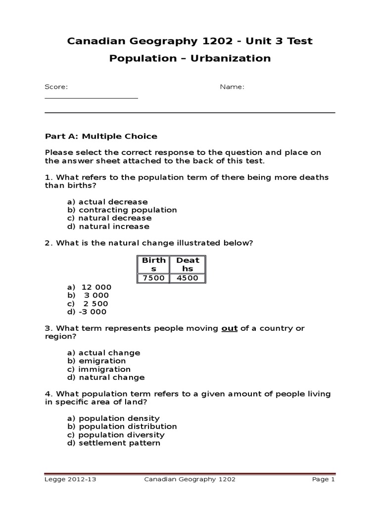 Canadian Geography Unit 3 Test | PDF | Birth Rate | Immigration