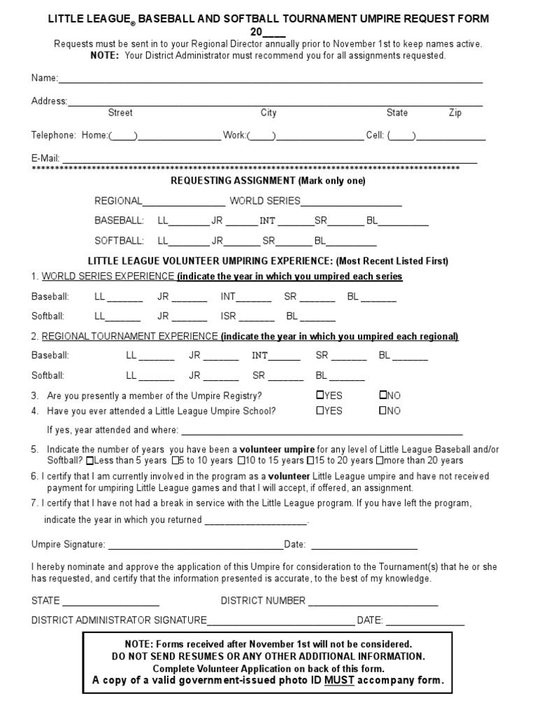 Little League Umpire Request Form | PDF | Criminal Record | Background ...