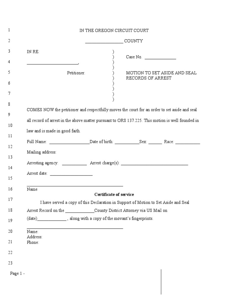 Motion To Set Aside Arrest Record - Oregon | PDF