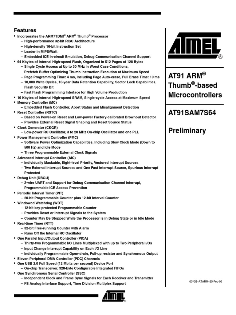 Atmel - AT91SAM7S64 - Microcontroller | PDF