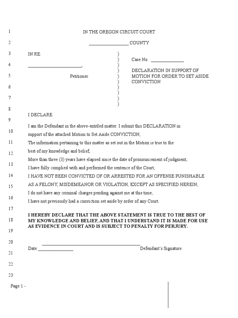 Declaration in Support of Motion To Set Aside Conviction - OREGON | PDF