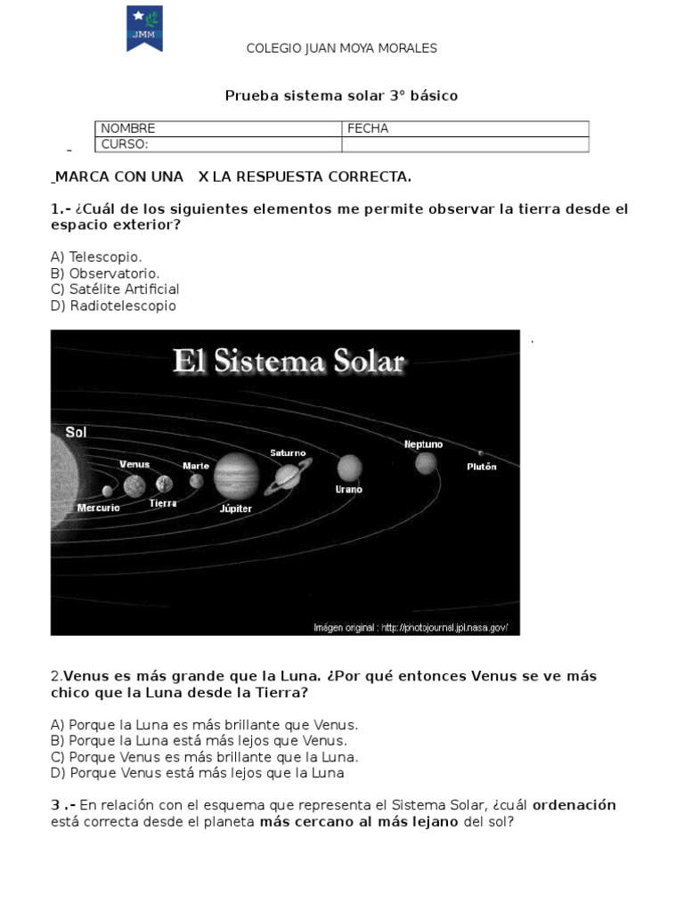 Prueba del Sistema Solar 3° Básico | PDF | Planetas | Sistema solar