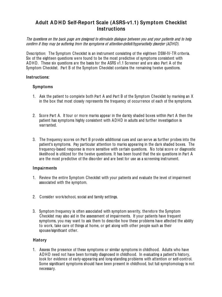 ASRS Self Report Scale PDF | PDF | Attention Deficit Hyperactivity ...