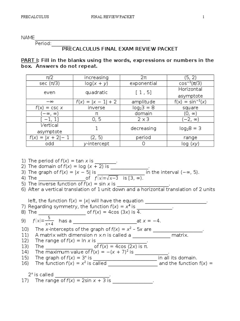 Precalculus Final Exam Review Guide | PDF | Trigonometric Functions | Sine