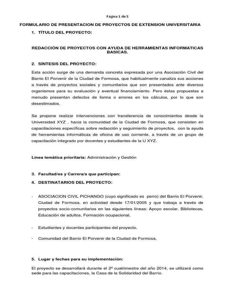 Modelo de Proyecto de Extension | PDF | Microsoft Excel | Science