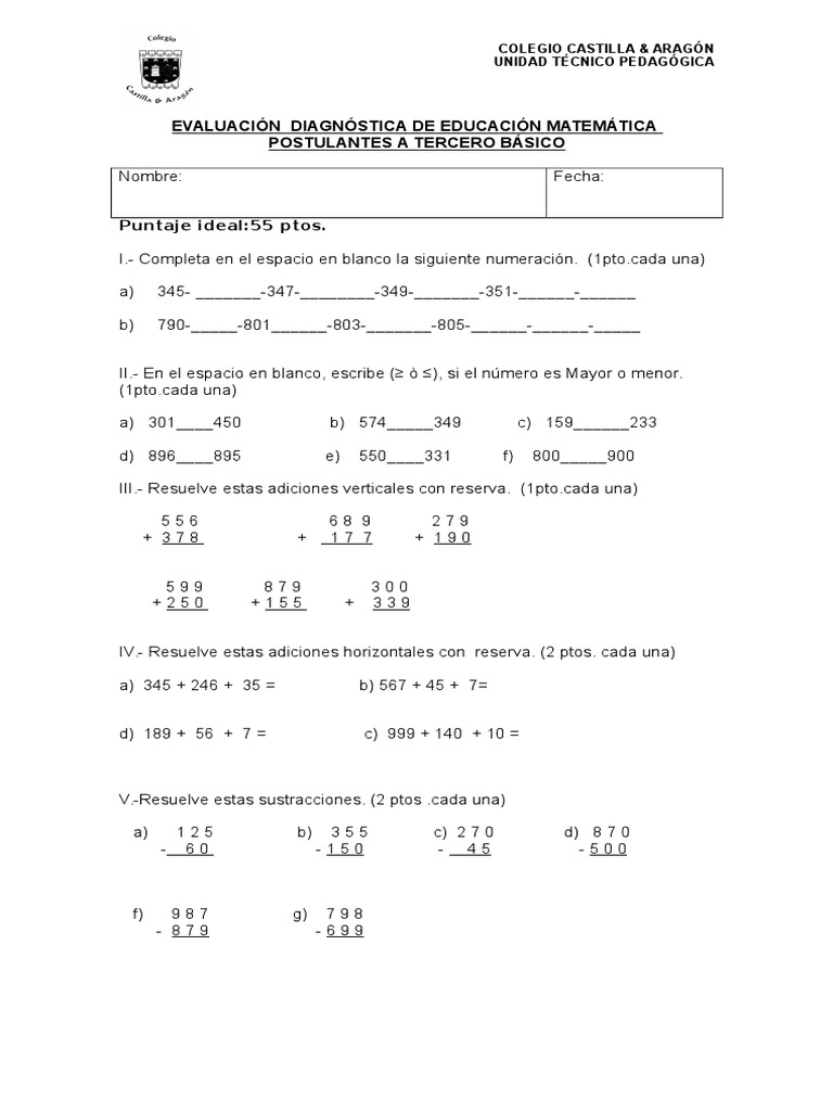 Evaluacion Diagnostico De Matematica Tercero Básico Pdf 7871