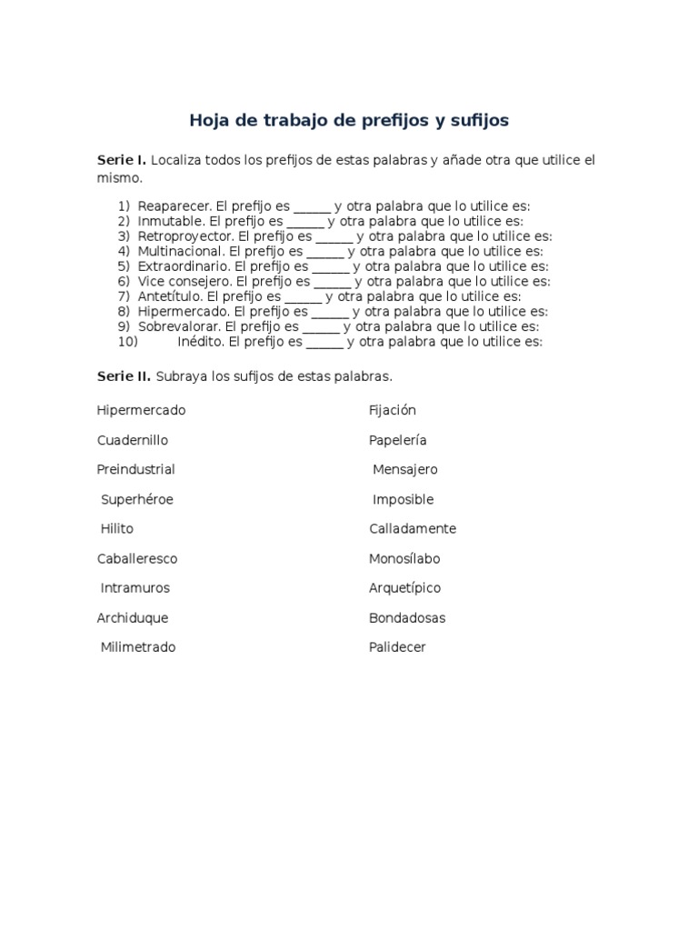 Prefijos y Sufijos Hoja de Trabajo | PDF