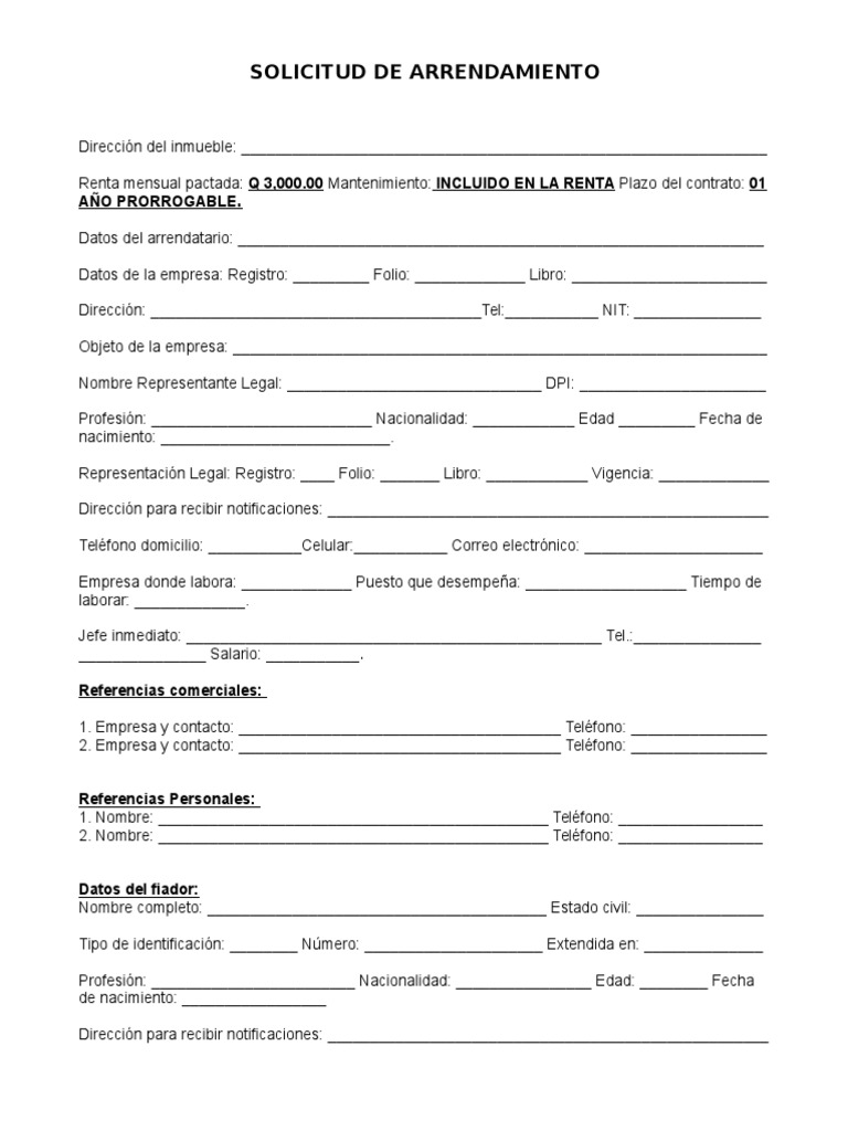 Solicitud De Arrendamiento Para Imprimir