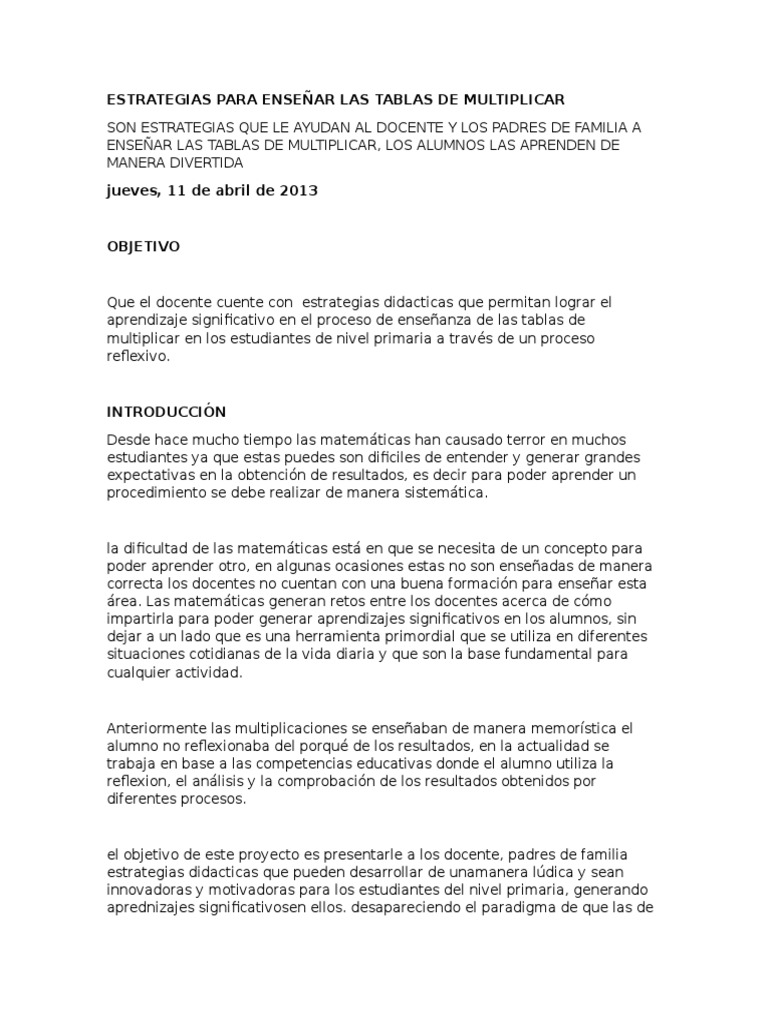 Estrategias para Enseñar Las Tablas de Multiplicar | PDF | Educación ...