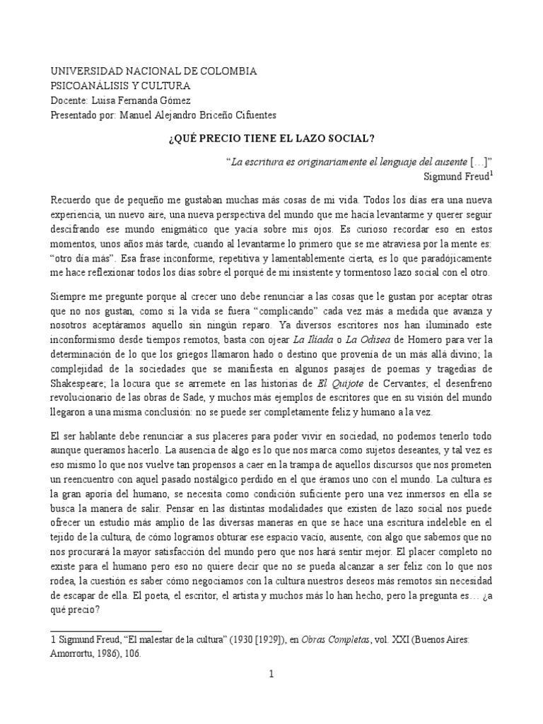 ¿Qué Precio Tiene El Lazo Social? | PDF | Sociedad | Psicoanálisis