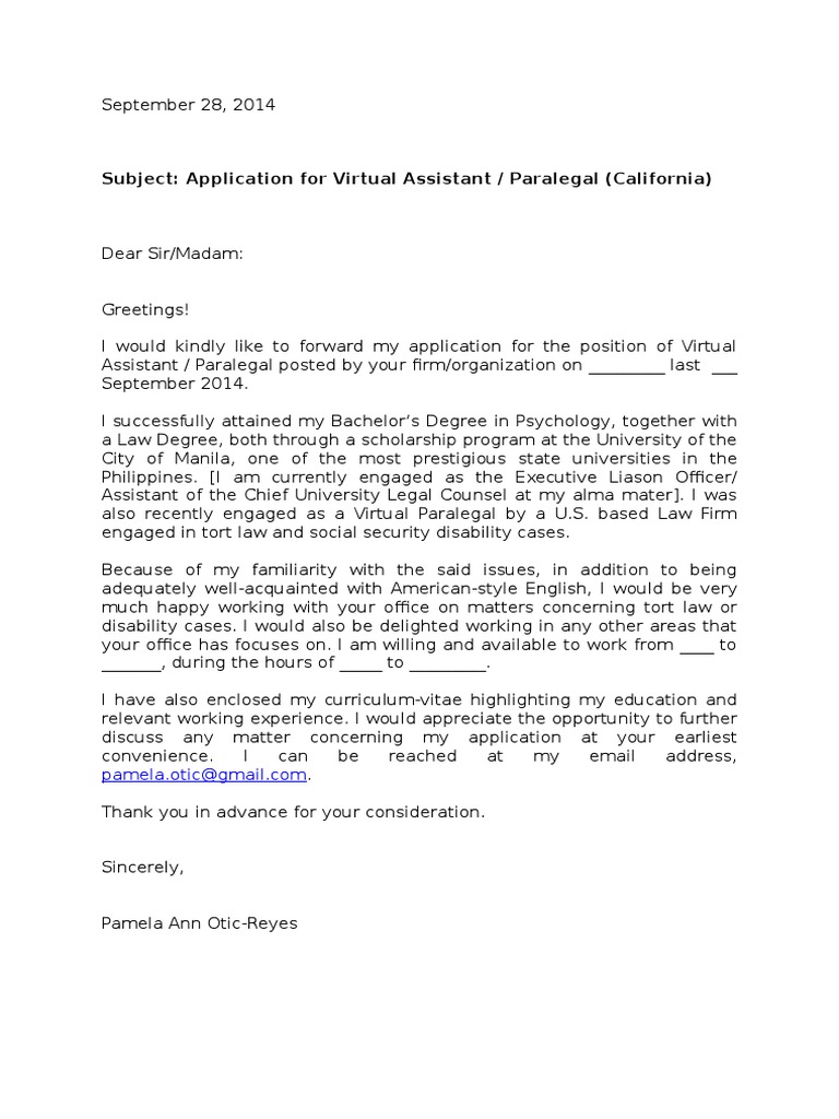 Subject: Application For Virtual Assistant / Paralegal (California) | PDF
