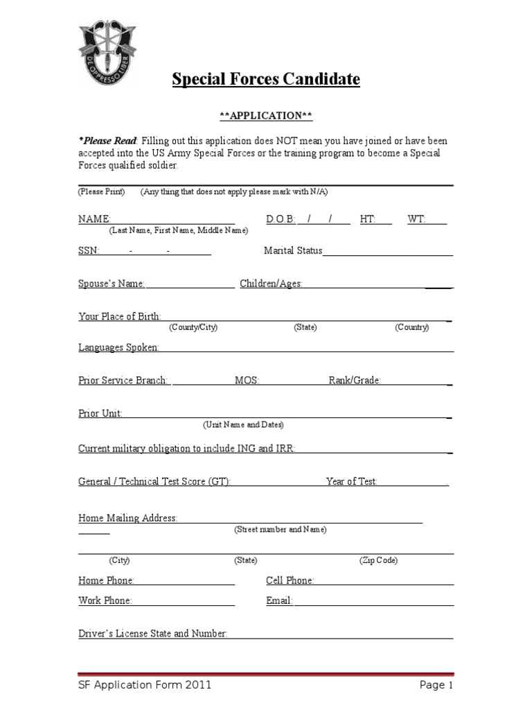 Special Forces Candidate Application Form | PDF