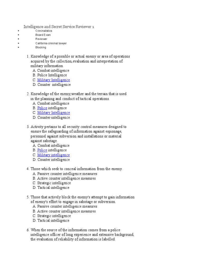 Intelligence and Secret Service Reviewer 1 | PDF | Counterintelligence | Espionage