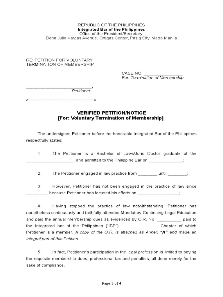 Sample Verified Petition for Termination of IBP Membership | Lawyer ...