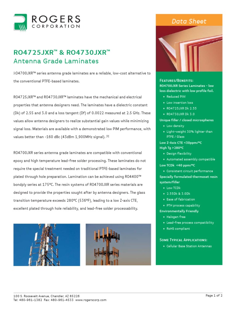 RO4725JXR & RO4730JXR Antenna Grade Laminates Data Sheet | PDF ...