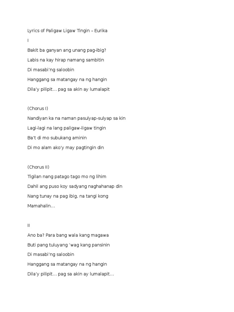 Lyrics of Paligaw Ligaw Tingin