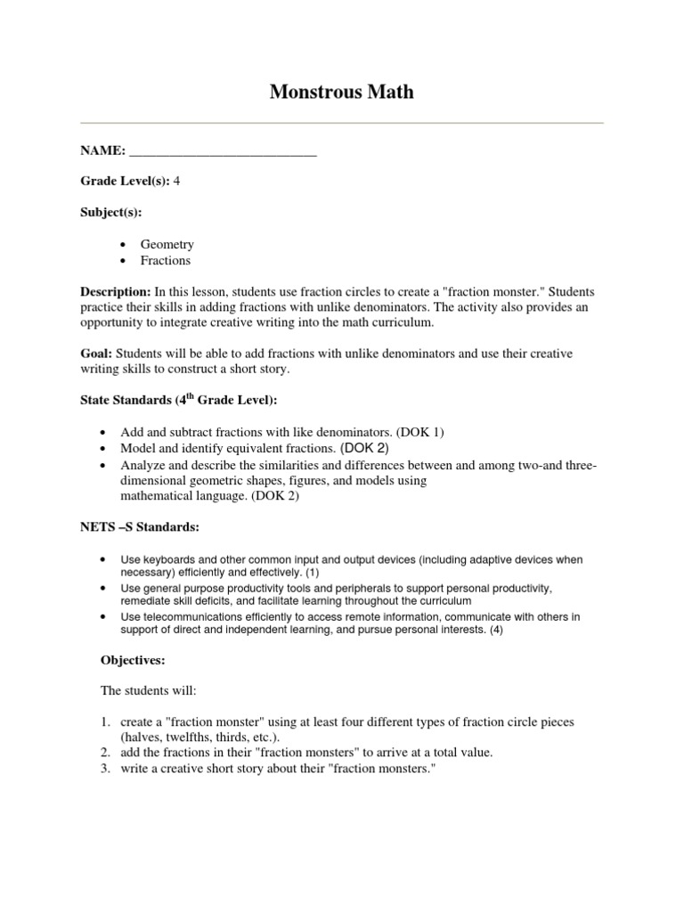 Math Web Based Lesson Plan | PDF | Fraction (Mathematics) | Rubric (Academic)
