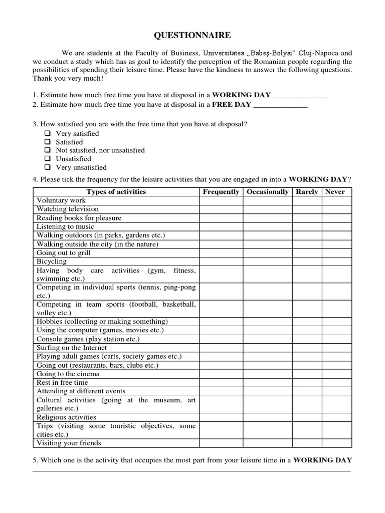 Questionnaire Leisure Time | PDF | Hobbies | Leisure