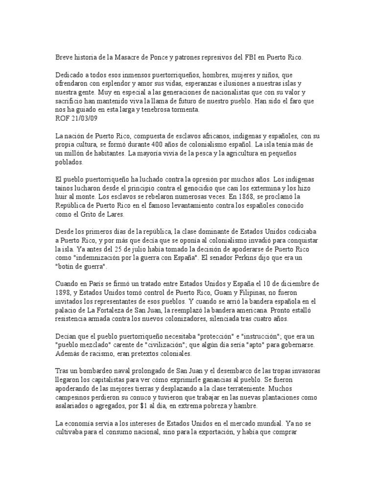 Breve Historia de La Masacre de Ponce y Patrones Represivos Del FBI en ...