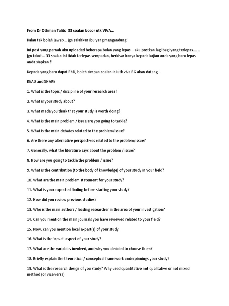 33 Soalan Bocor Utk VIVA | PDF | Qualitative Research | Academic Discipline Interactions