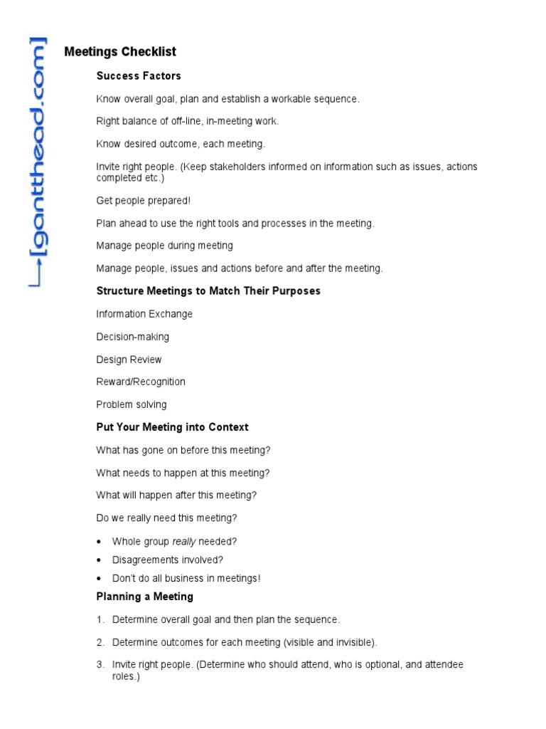 Meeting Checklist | PDF | Leadership | Information
