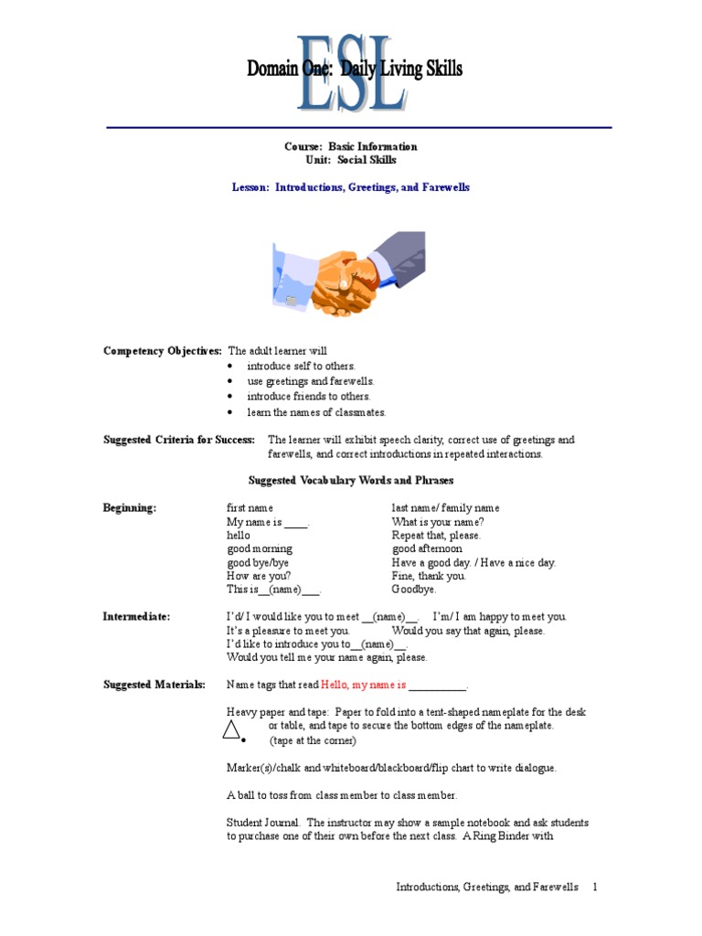 SocialStudies Lesson 1 Introductions and Greetings | PDF