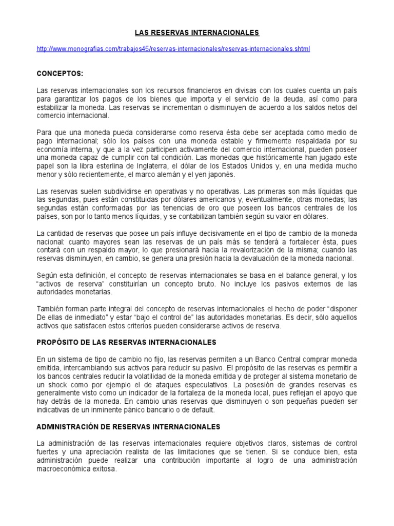 Concepto y Funciones de Reservas Internacionales | PDF | Las reservas ...