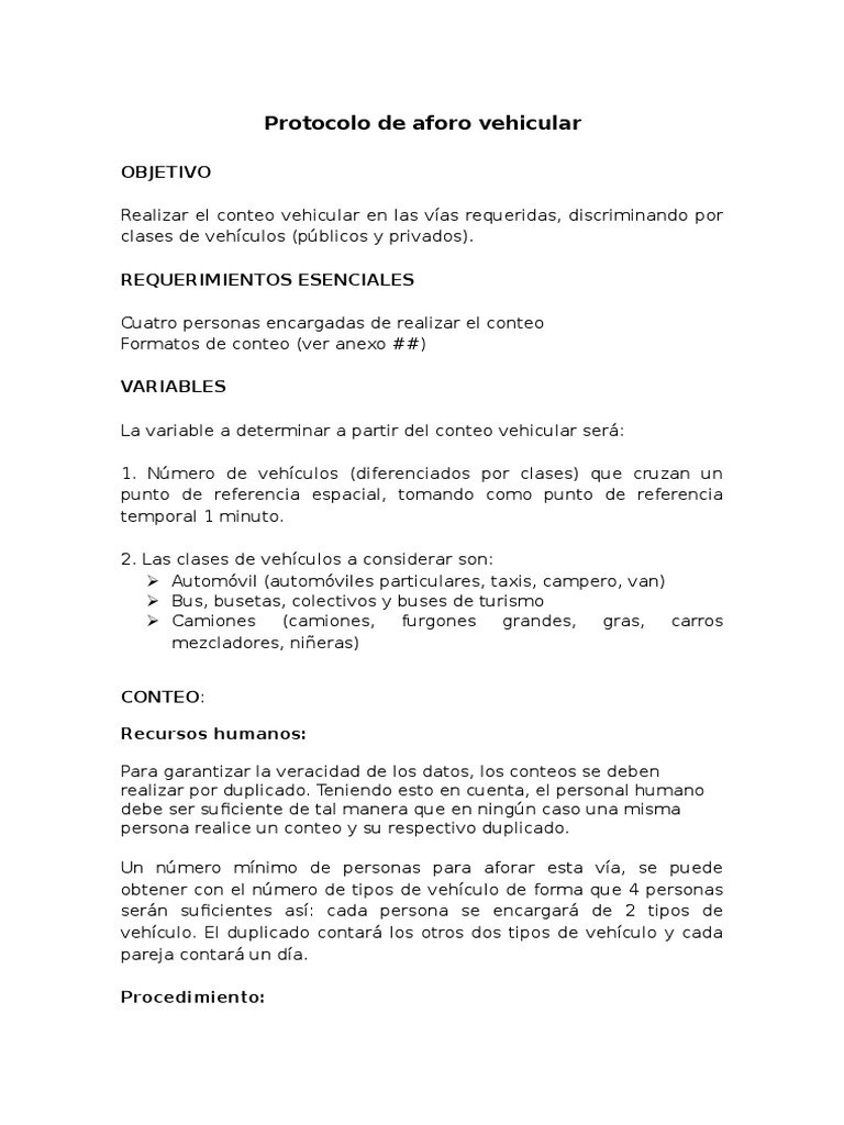 Protocolo de Aforo Vehicular | PDF