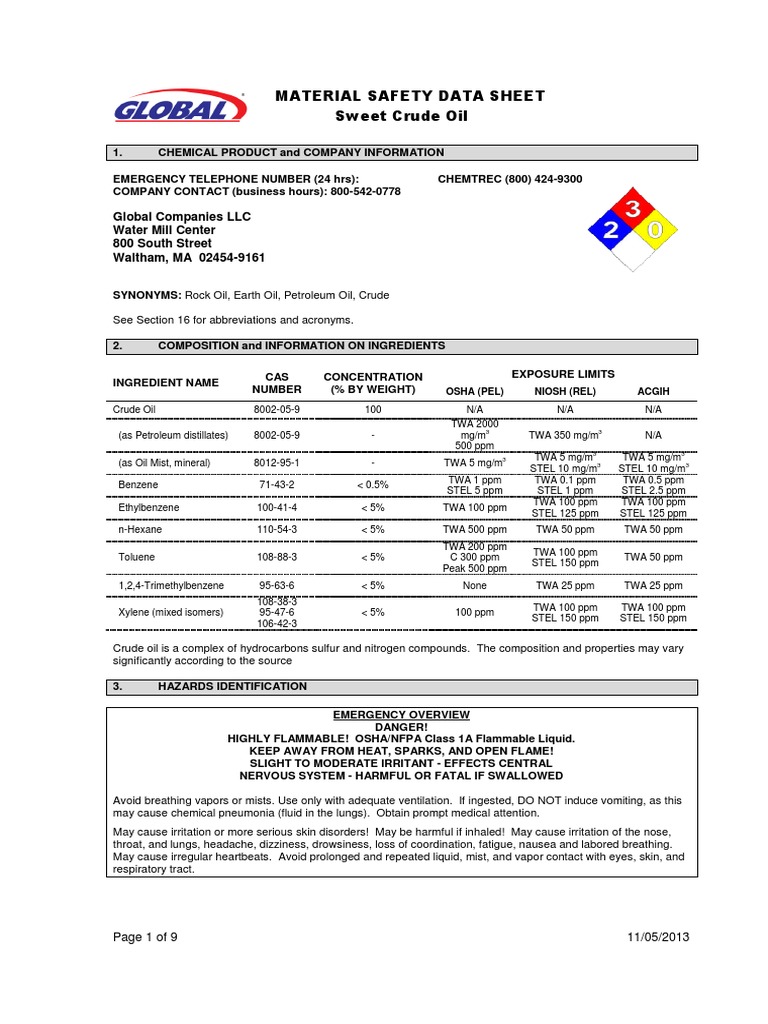 MSDS Crude Oil 201311051 | PDF | Firefighting | Flammability