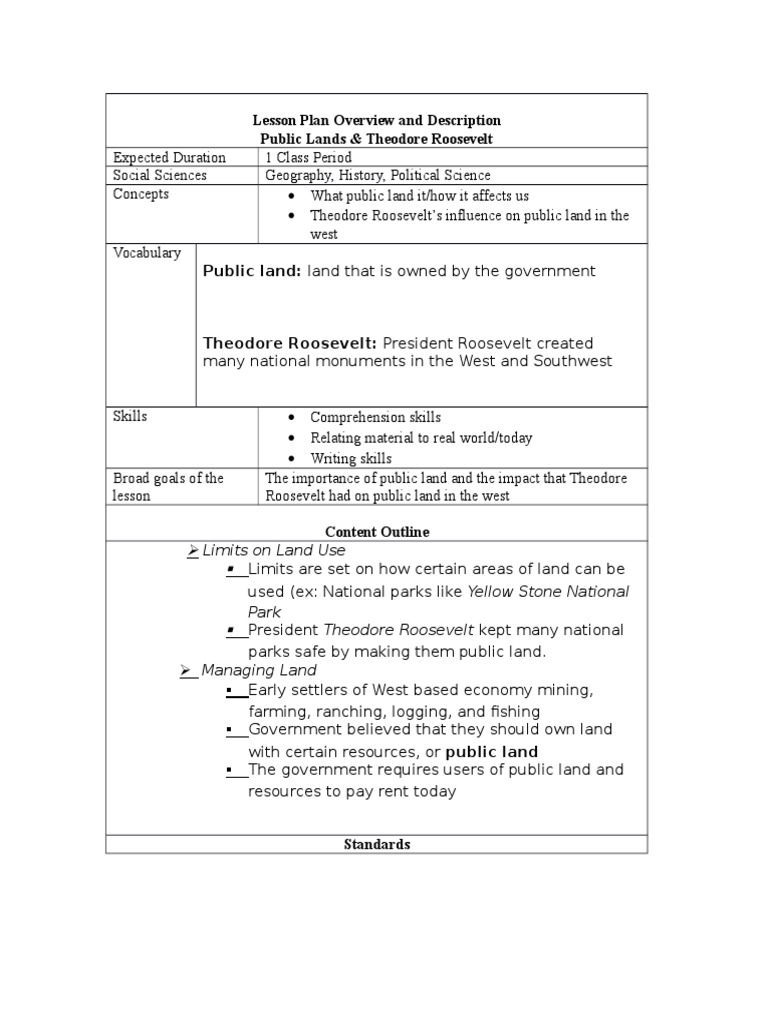 Lesson Plan Overview and Description Public Lands & Theodore Roosevelt ...