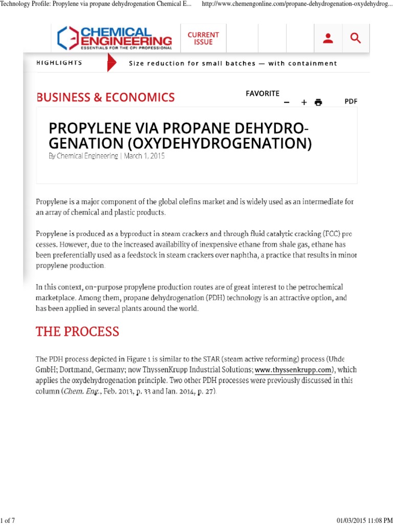 Propylene via Propane Dehydrogenation Chemical Engineering