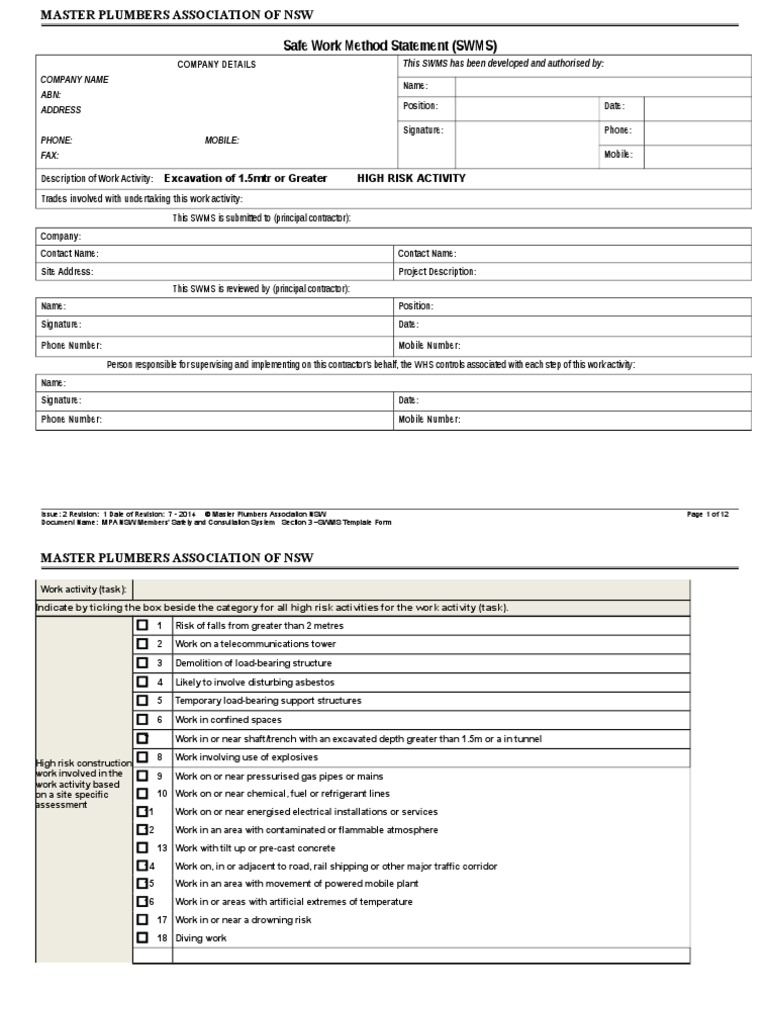 Section 3 - Form No 19 - SWMS High Risk Construction - Excavation of 1 ...