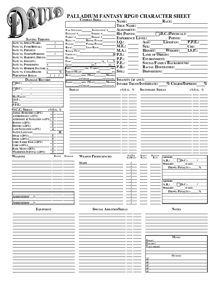 Form Fillable Character Sheet Palladium - Printable Forms Free Online