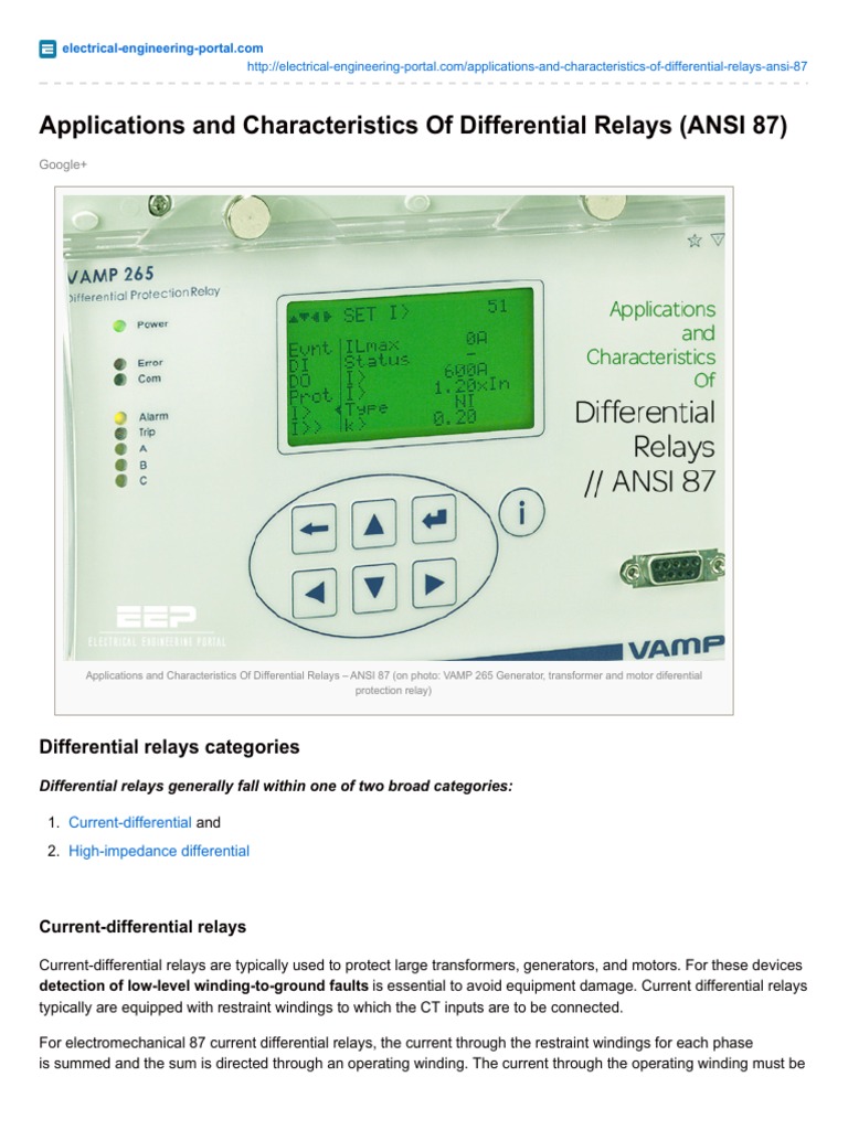 Applications and Characteristics of Differential Relays ANSI 87 | Relay ...