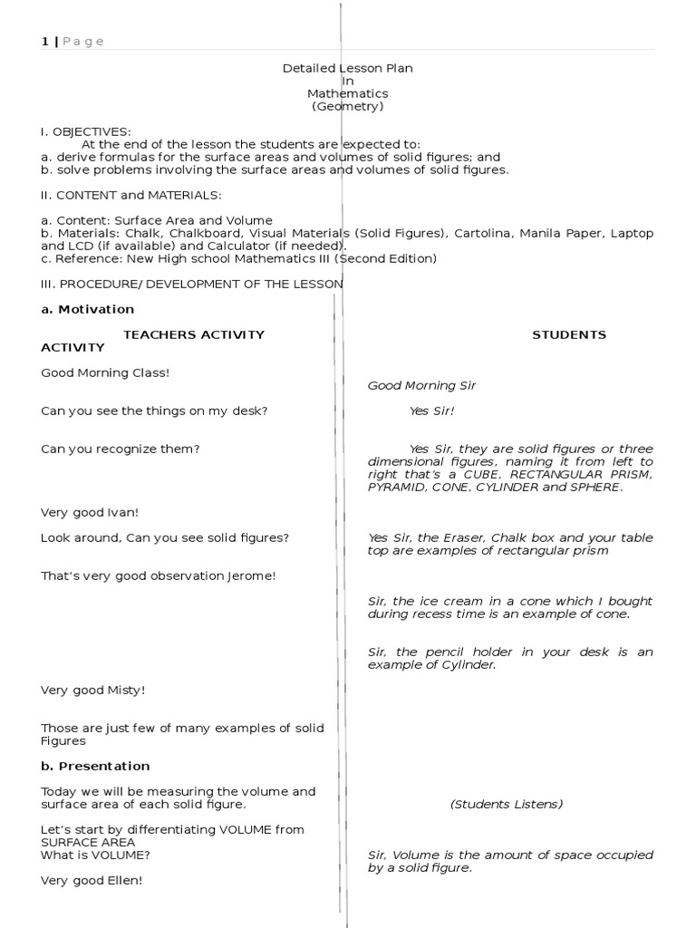 Detailed Lesson Plan | PDF | Volume | Surface Area