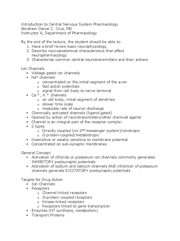 Central Nervous System Pharmacology Overview | PDF | Inhibitory ...