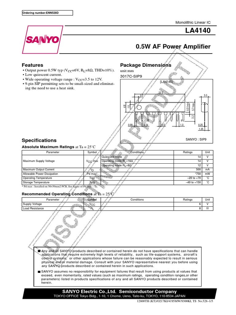 0.5W AF Power Amplifier: Package Dimensions Features | PDF | Capacitor ...