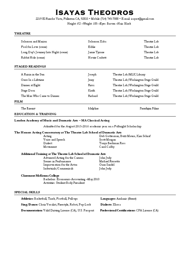 Isayas Theodros - Acting Resume | PDF