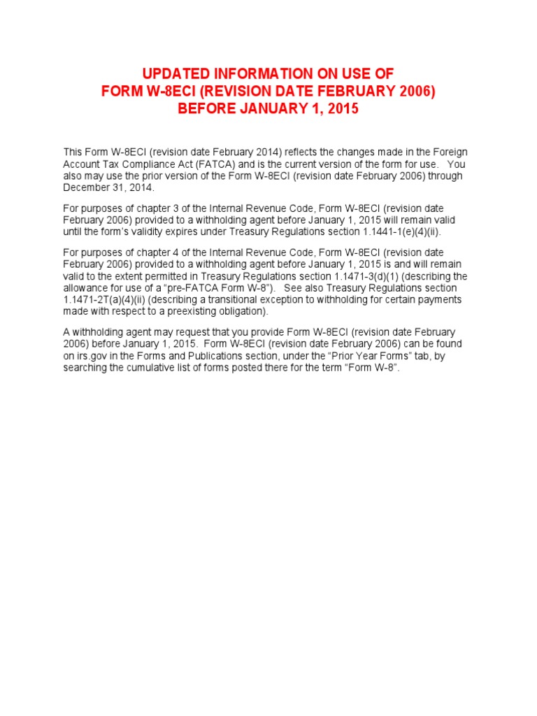 Updated Information On Use of Form W-8Eci (Revision Date February 2006 ...