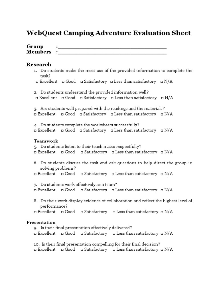 Webquest Camping Adventure Evaluation Sheet | PDF | Wellness