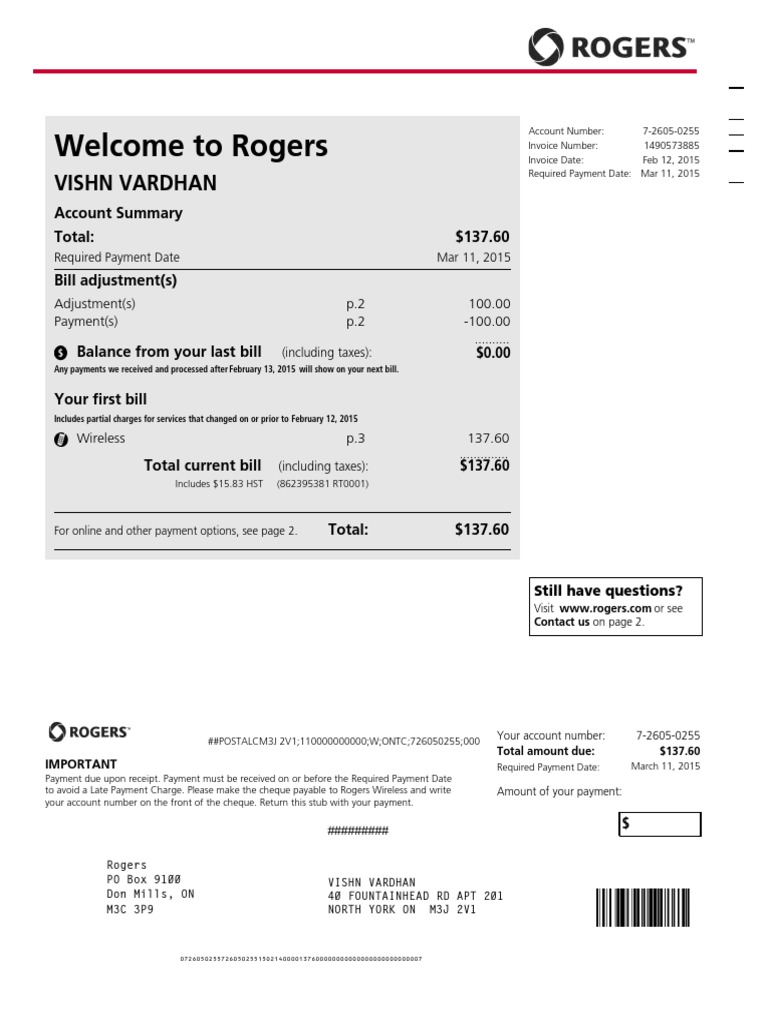 Welcome To Rogers: Vishn Vardhan | PDF | Invoice | Payments
