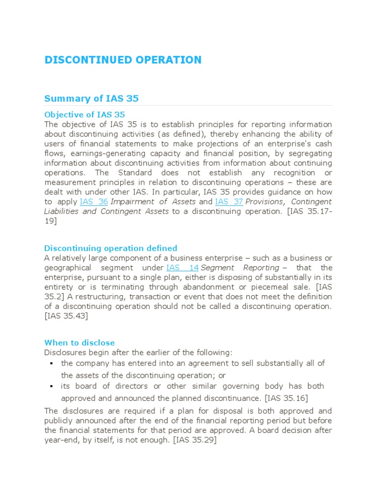 Discontinued Operation: Summary of IAS 35 | PDF | Financial Statement ...