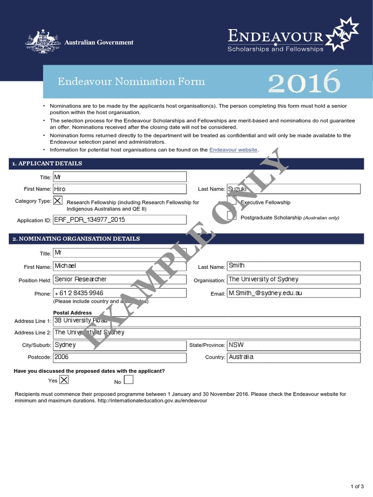 Endeavour Nomination Example | PDF | Address (Geography) | Government ...