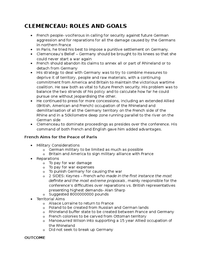 Roles and Goals Clemenceau WWI | PDF | German Empire | Treaty Of Versailles
