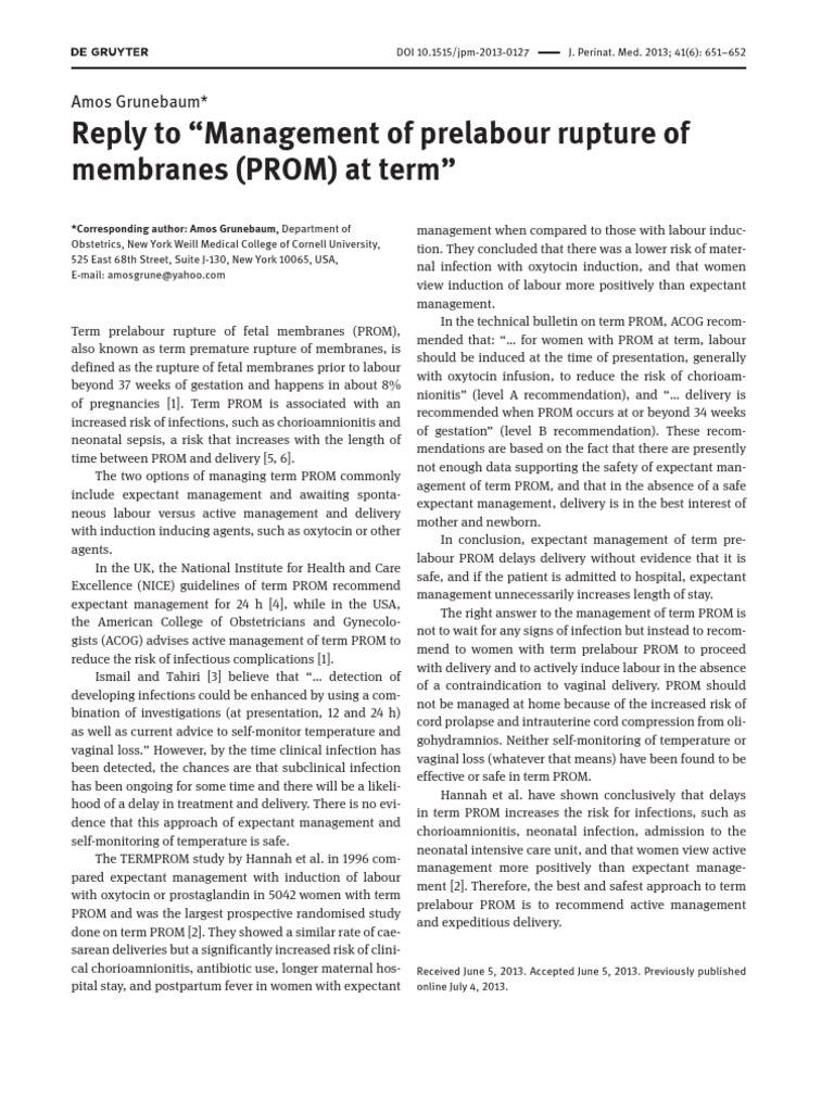 Reply To "Management of Prelabour Rupture of Membranes (PROM) at Term ...