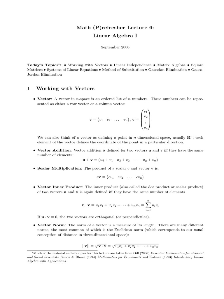 Math (P) Refresher Lecture 6: Linear Algebra I | PDF | Matrix ...