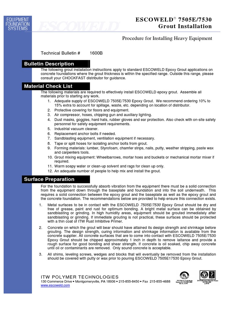 Bulletin Description: Escoweld 7505E/7530 Grout Installation | PDF ...