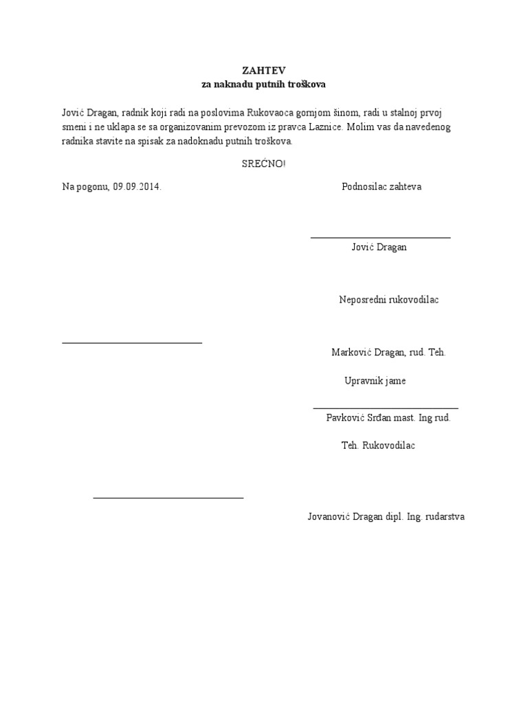 ZAHTEV Za Putne Troškove | PDF