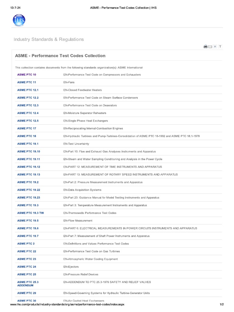 ASME PTC - Performance Test Codes Collection - IHS List | PDF