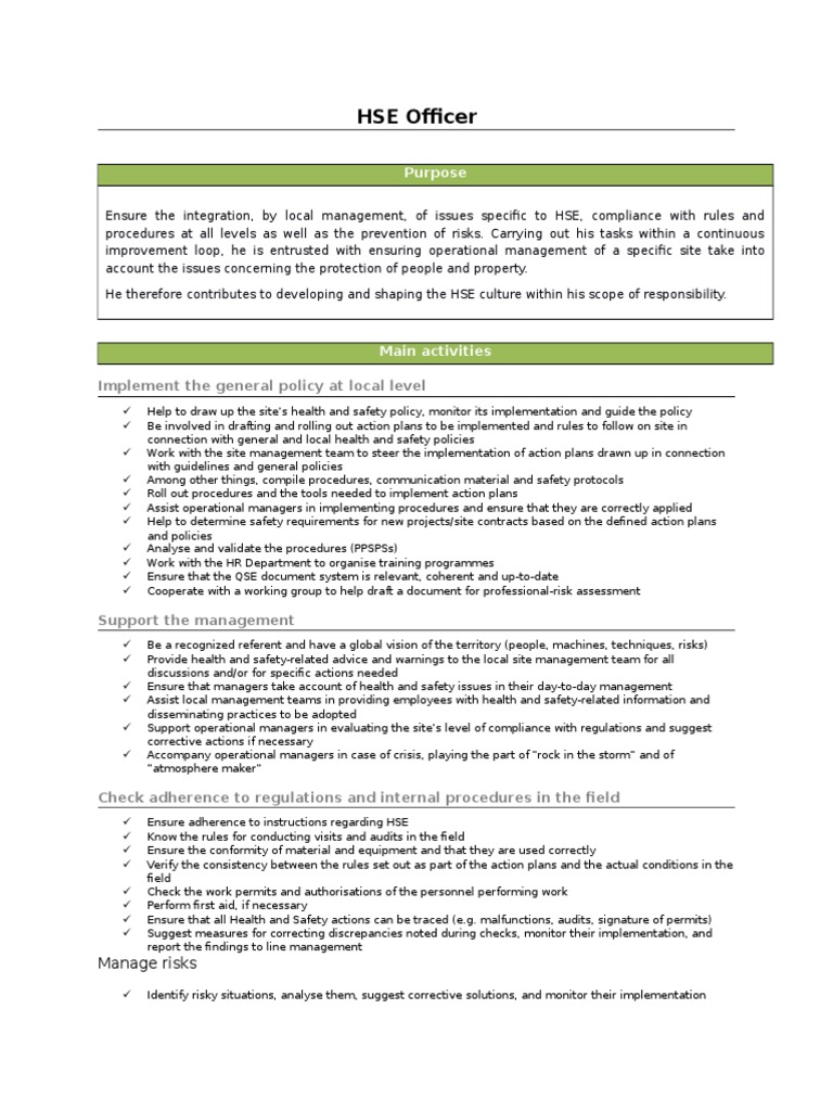 Job Description For Hse Officer | PDF | Occupational Safety And Health ...